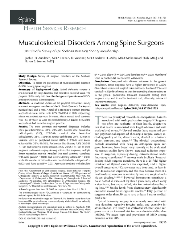 (PDF) Musculoskeletal Disorders Among Spine Surgeons