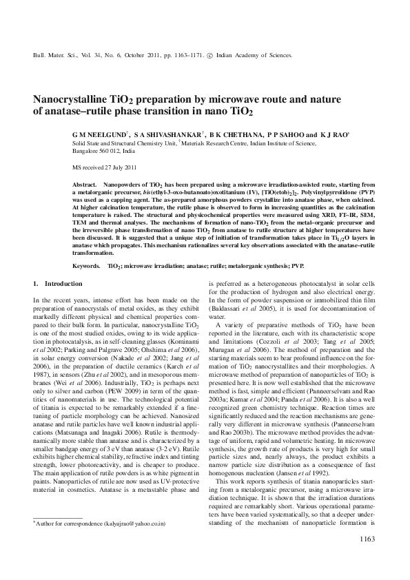 Pdf Nanocrystalline Tio2 Preparation By Microwave Route And Nature Of Anatase Rutile Phase