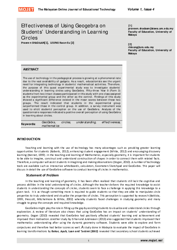 (PDF) Effectiveness of Using GeoGebra on Students' Understanding in Learning Circles