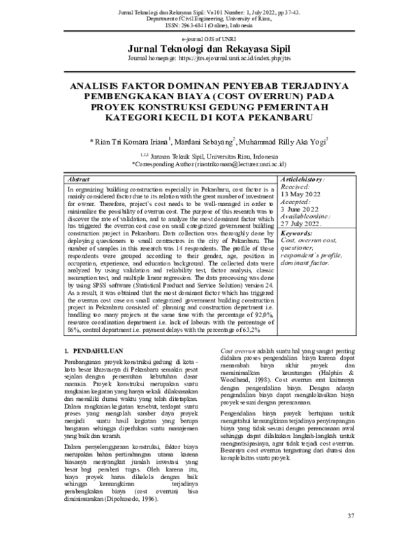 (PDF) Analisis Faktor Dominan Penyebab Terjadinya Pembengkakan Biaya ...