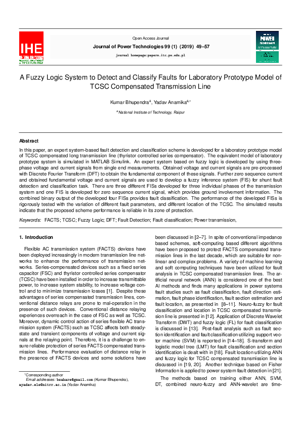 (PDF) Fuzzy Logic Fault Detection in TCSC Transmission Lines