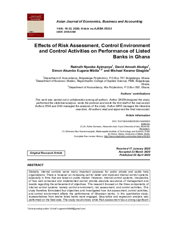 (PDF) Effects of Risk Assessment, Control Environment and Control Activities on Performance of ...