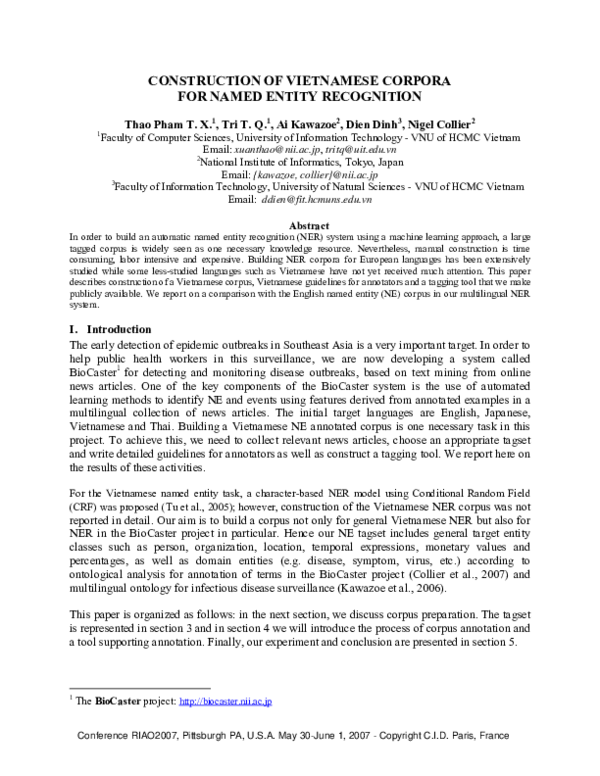 (PDF) Construction of a Vietnamese Corpora for Named Entity Recognition