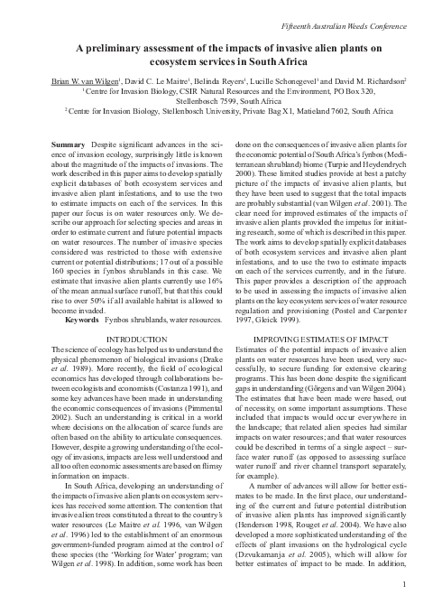 (PDF) Preliminary assessment of the impacts of invasive alien plants on ecosystem services in ...