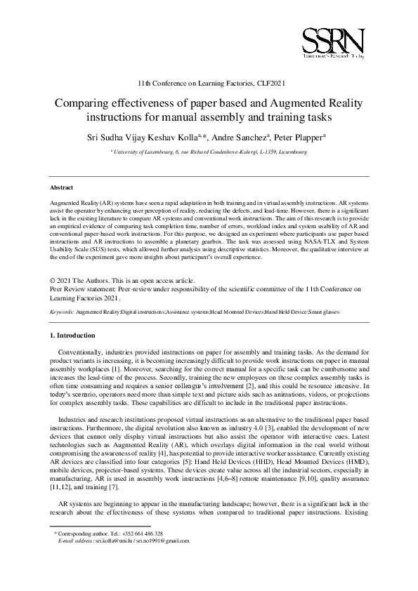 (PDF) Comparing Effectiveness of Paper Based and Augmented Reality Instructions for Manual ...
