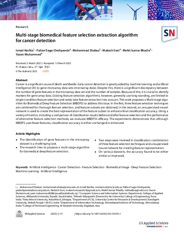 Pdf Multi Stage Biomedical Feature Selection Extraction Algorithm For Cancer Detection