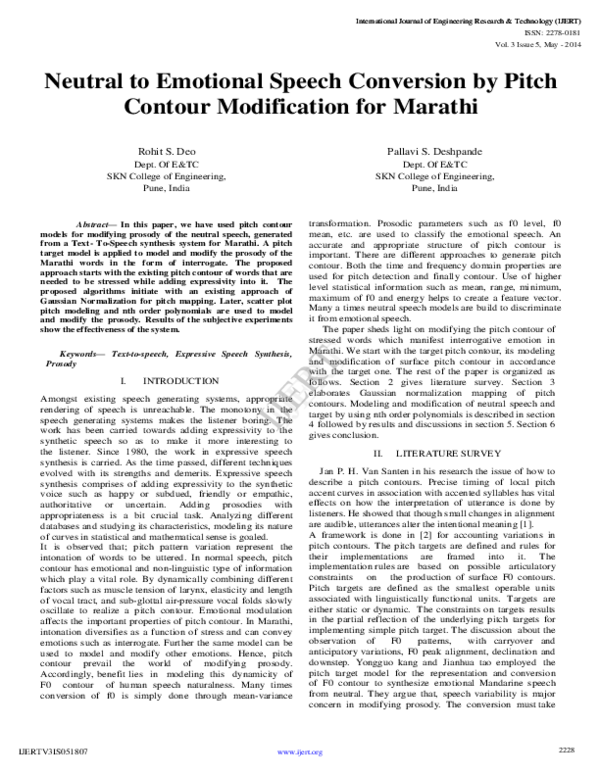 (PDF) Neutral to Emotional Speech Conversion by Pitch Contour Modification for Marathi