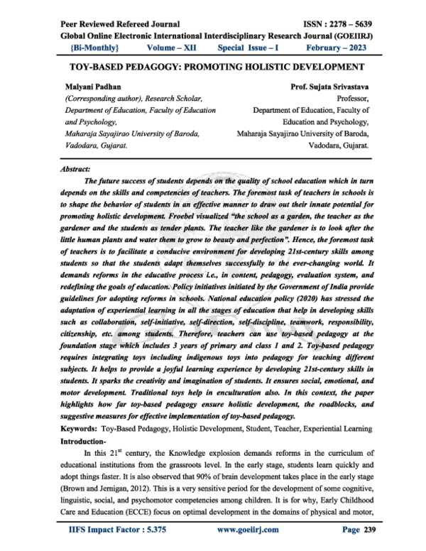 (PDF) Toy-Based Pedagogy: Promoting Holistic Development