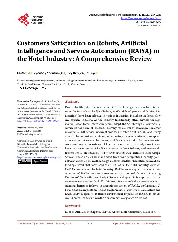 (PDF) Customers Satisfaction on Robots, Artificial Intelligence and Service Automation (RAISA ...