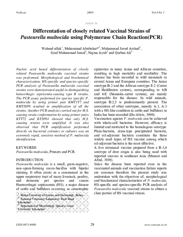 (PDF) Differentation of closely related Vaccinal Strains of Pasteurella ...