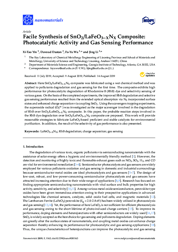 (PDF) Facile Synthesis of SnO2/LaFeO3−XNX Composite: Photocatalytic Activity and Gas Sensing ...