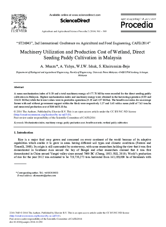 (PDF) Machinery Utilization and Production Cost of Wetland, Direct Seeding Paddy Cultivation in ...