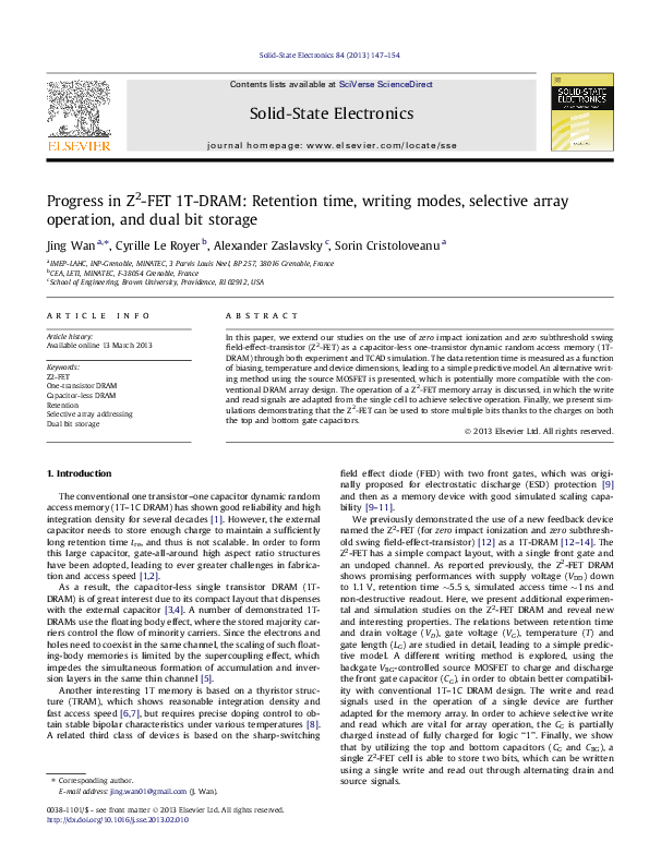 (PDF) Progress in Z2-FET 1T-DRAM: Retention time, writing modes ...
