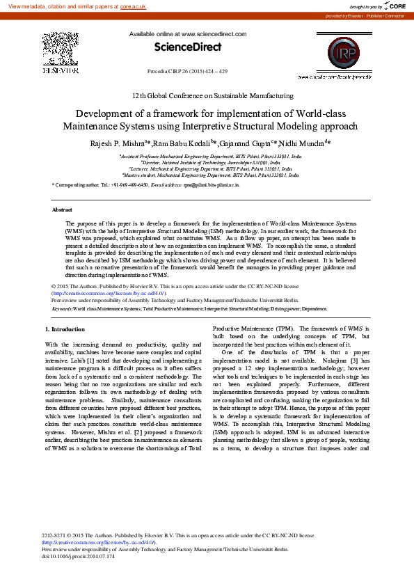 (PDF) Development of a Framework for Implementation of World-class Maintenance Systems Using ...