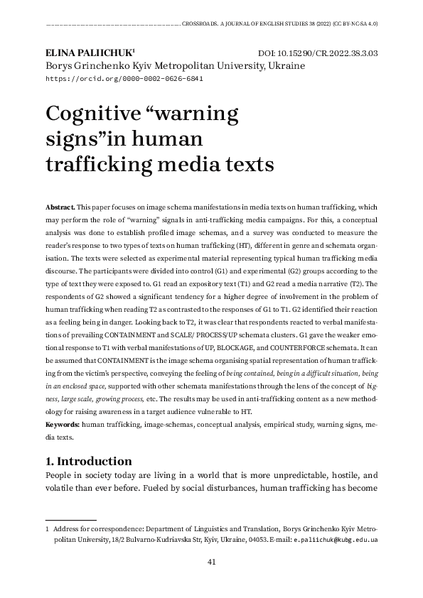 (PDF) Cognitive “warning signs” in human trafficking media texts