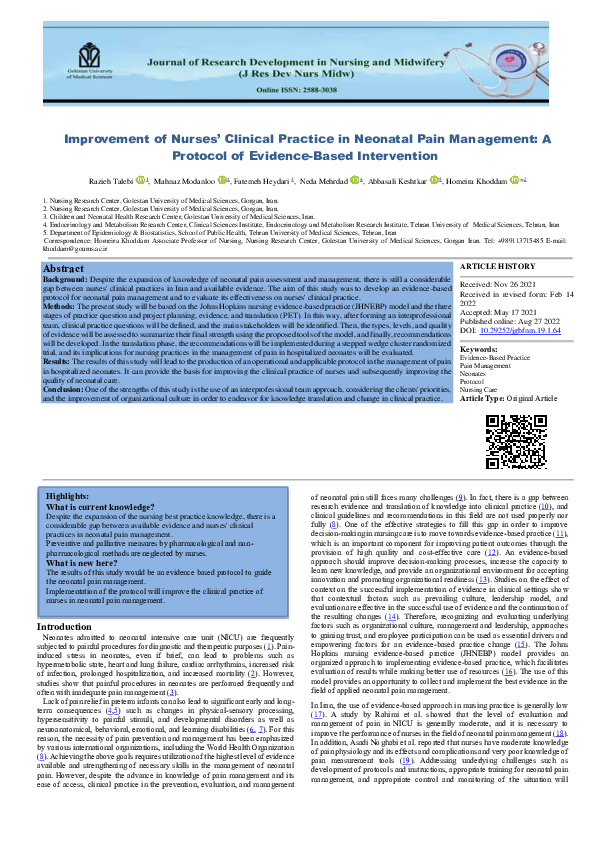 (PDF) Improvement of nurses’ clinical practice in neonatal pain ...