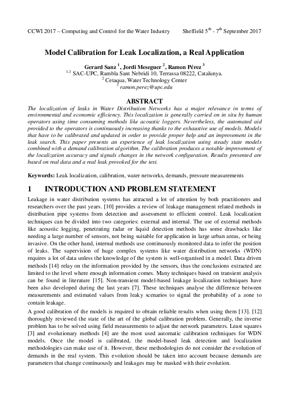 (PDF) Model calibration for leak localization, a real application ... (PDF) Model calibration for leak localization, a real application ...