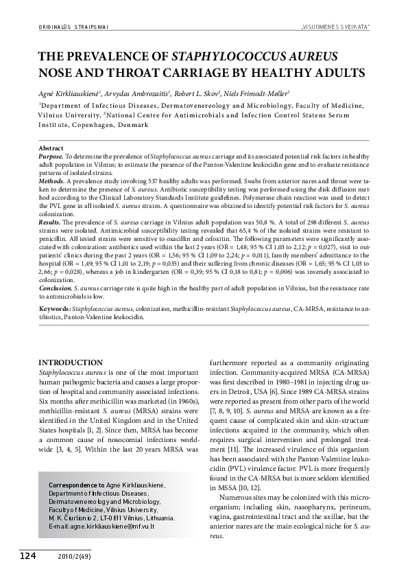 (PDF) The prevalence of StaphylococcuS aureuS nose and ThroaT carriage ...