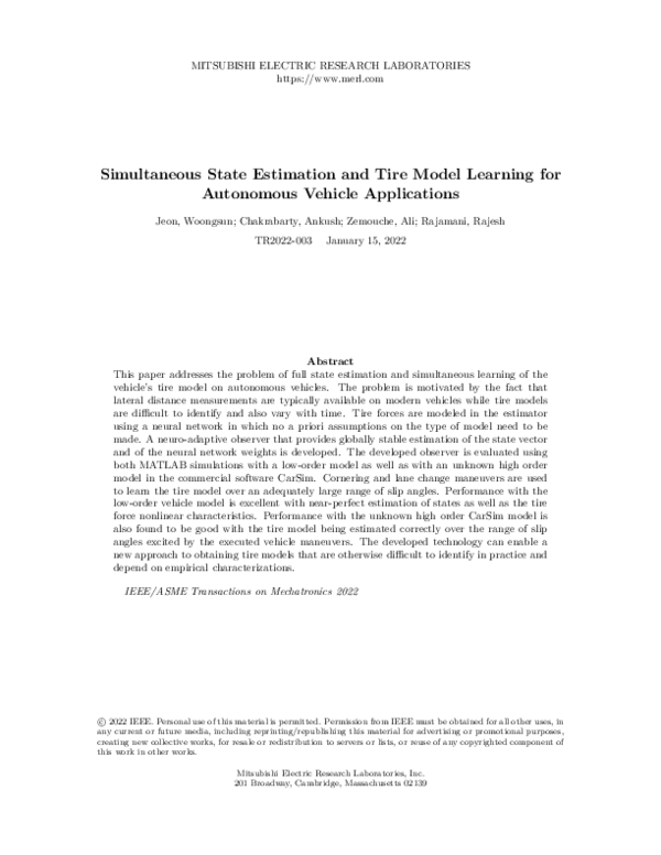 (PDF) Simultaneous State Estimation and Tire Model Learning for Autonomous Vehicle Applications