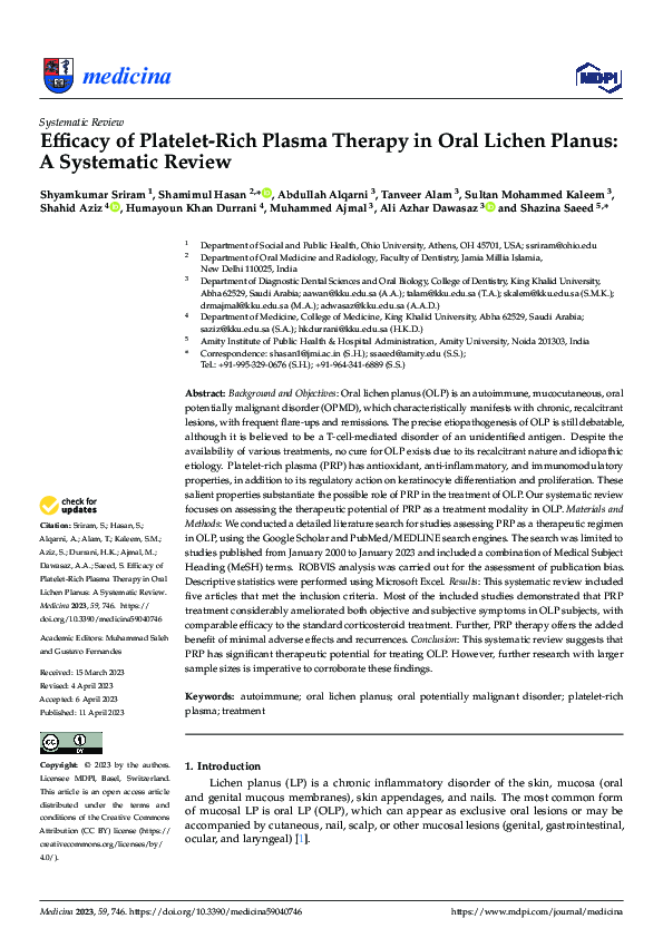 (PDF) Efficacy of Platelet-Rich Plasma Therapy in Oral Lichen Planus: A Systematic Review | Ali ...