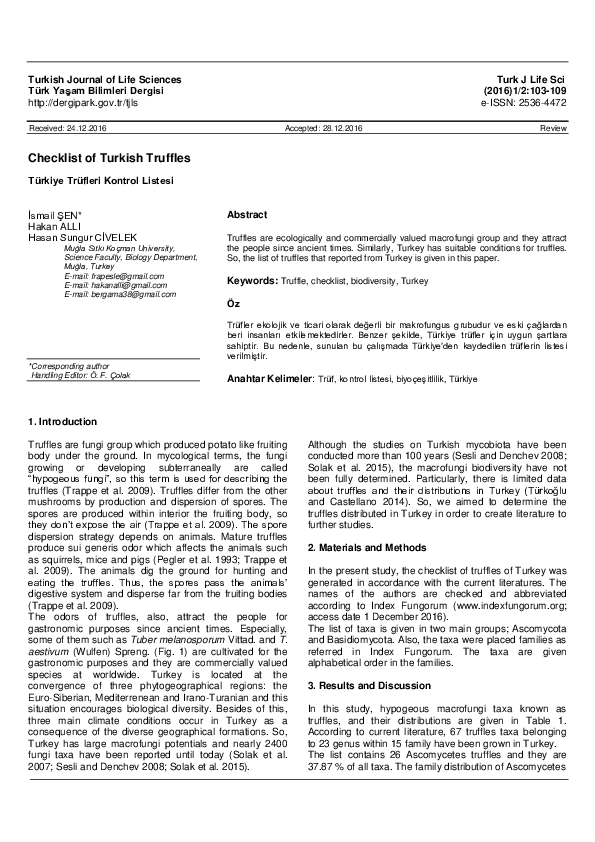 (PDF) Checklist of Turkish Truffles