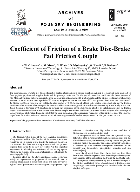 (PDF) Coefficient of Friction of a Brake Disc-Brake Pad Friction Couple