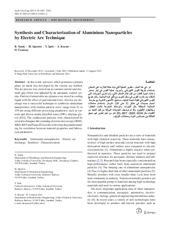 (PDF) Synthesis and Characterization of Aluminium Nanoparticles by Electric Arc Technique