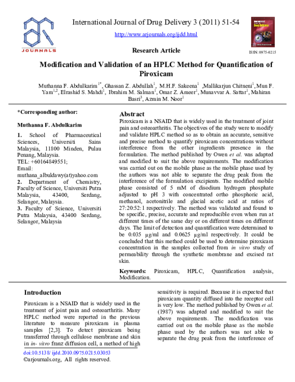 (PDF) Modification and Validation of an HPLC Method for Quantification of