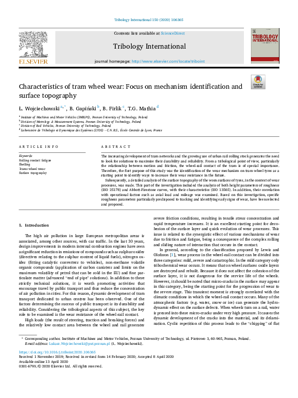 (PDF) Characteristics of tram wheel wear: Focus on mechanism identification and surface topography