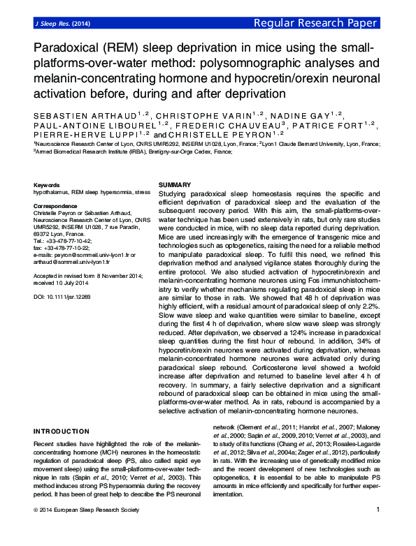 (PDF) Paradoxical (REM) sleep deprivation in mice using the small ...