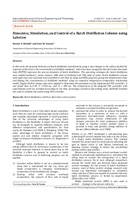 Pdf Dynamics Simulation And Control Of A Batch Distillation Column Using Labview