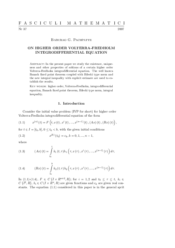 Pdf Difference Derivative For An Integro Differential Nonlinear Volterra Equation