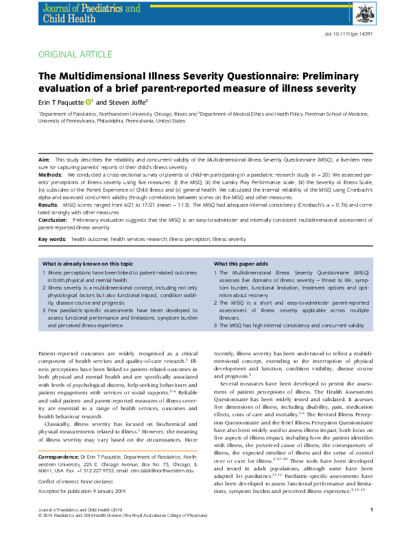 (PDF) The Multidimensional Illness Severity Questionnaire: Preliminary ...