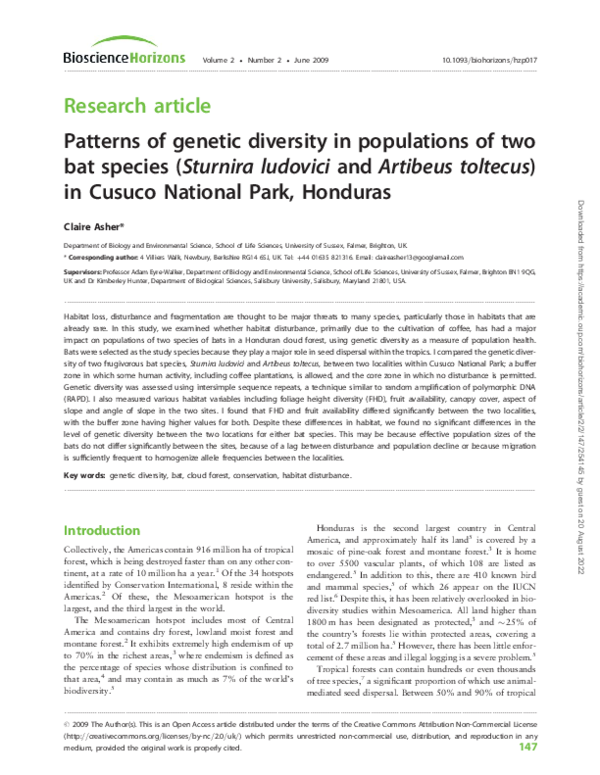 (PDF) Patterns of genetic diversity in populations of two bat species ...