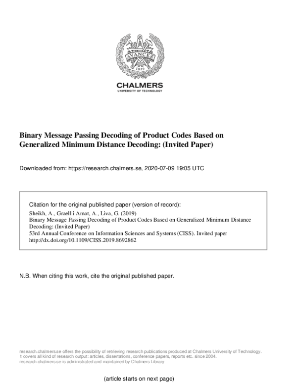 (PDF) Binary Message Passing Decoding of Product Codes Based on Generalized Minimum Distance ...