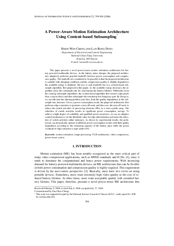 Pdf A Power Aware Motion Estimation Architecture Using Content Based Subsampling