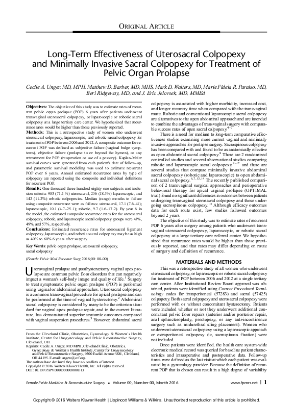 (PDF) Long-Term Effectiveness of Uterosacral Colpopexy and Minimally ...
