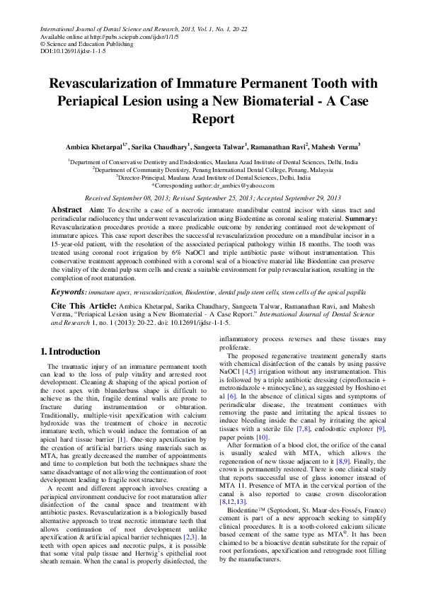 (PDF) Revascularization of Immature Permanent Tooth with Periapical ...