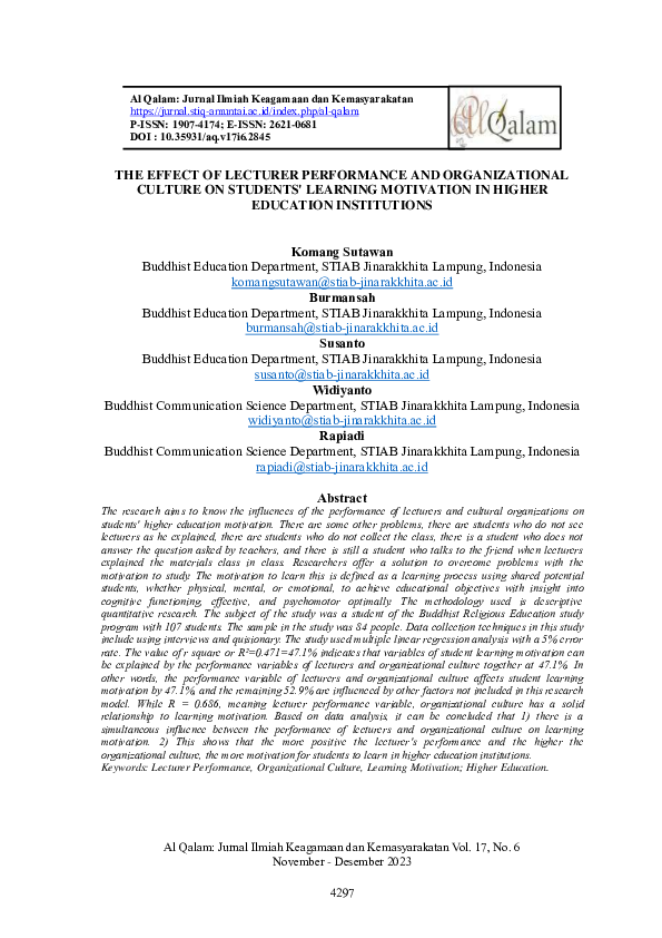 (PDF) The Effect of Lecturer Performance and Organizational Culture on Students' Learning ...