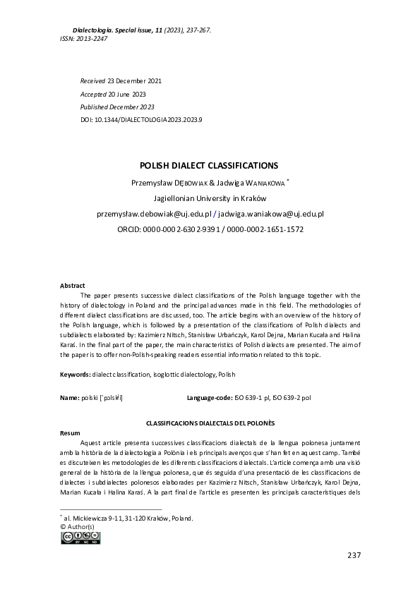 (PDF) Polish Dialect Classifications