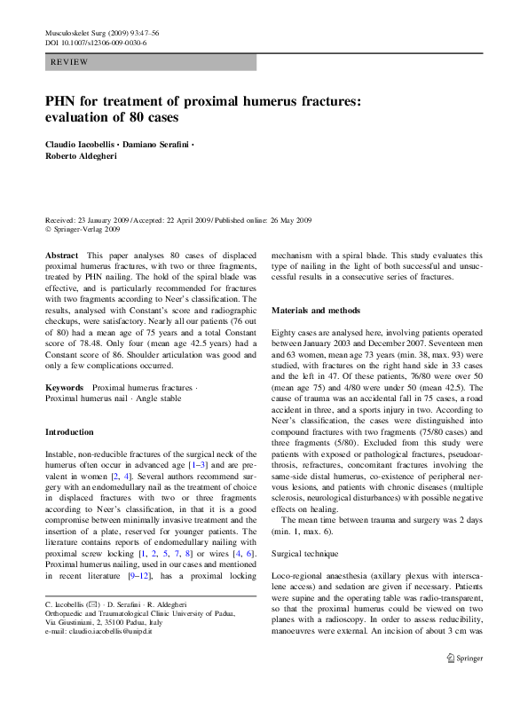 (PDF) PHN for treatment of proximal humerus fractures: evaluation of 80 ...