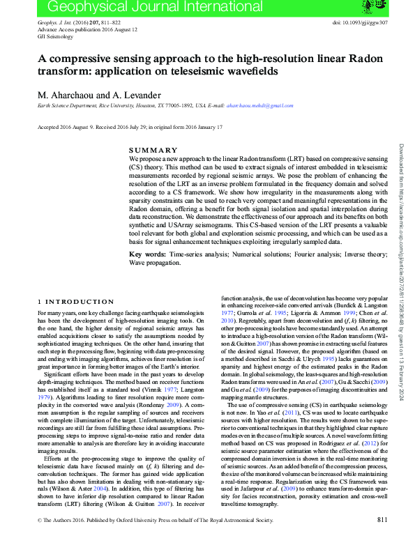 (PDF) A compressive sensing approach to the high-resolution linear Radon transform: application ...