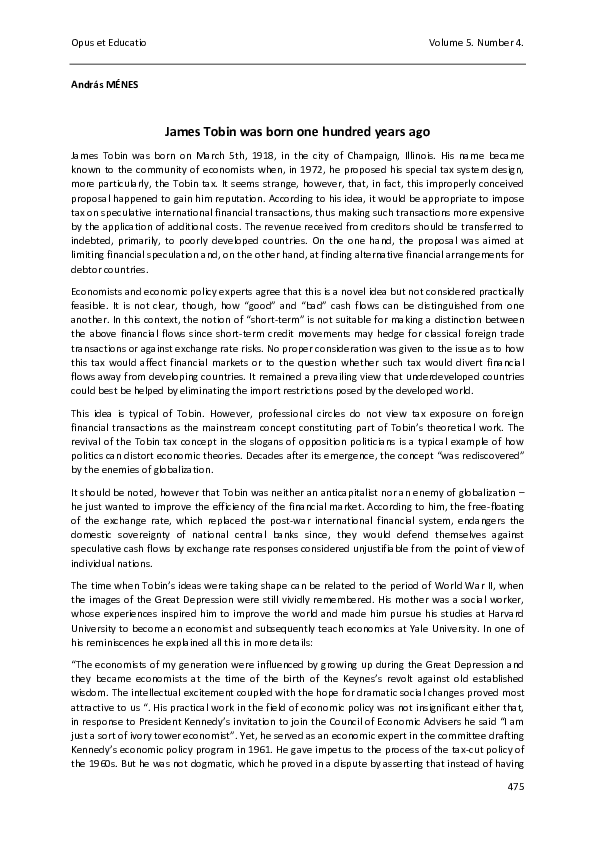 (PDF) James Tobin was born one hundred years ago | András Ménes ...