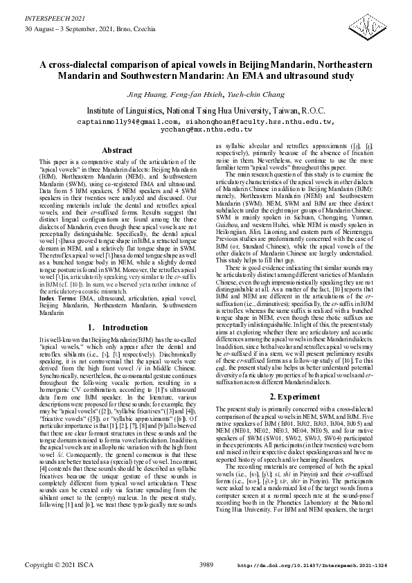 Pdf A Cross Dialectal Comparison Of Apical Vowels In Beijing Mandarin