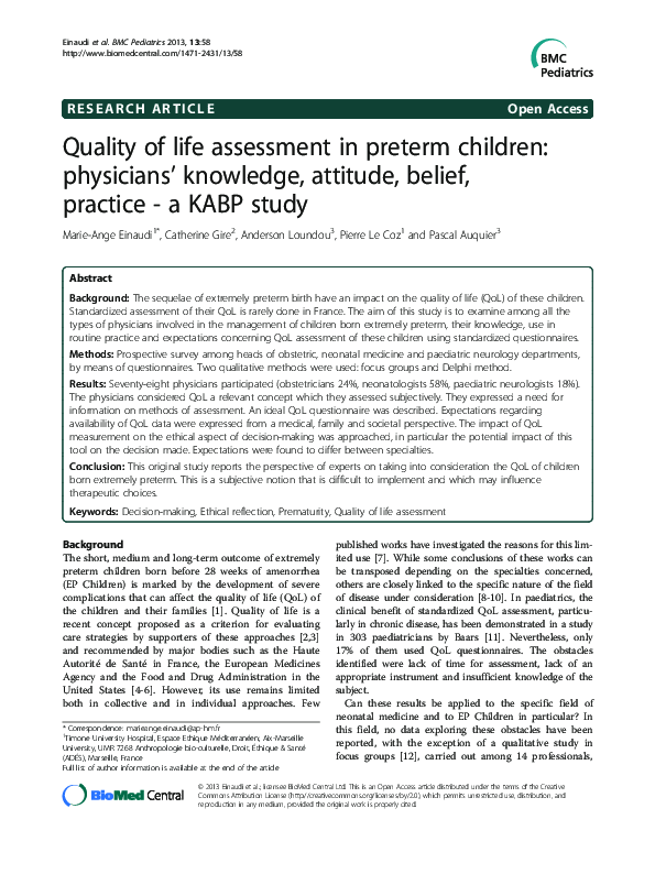 (PDF) Quality of life assessment in preterm children: physicians ...