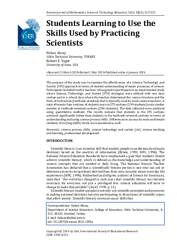 (PDF) Students Learning to Use the Skills Used by Practicing Scientists