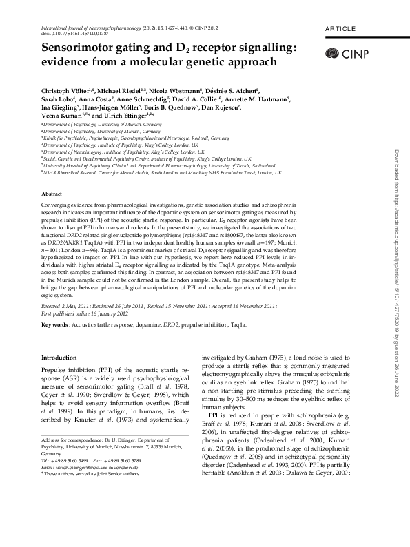 (PDF) Sensorimotor gating and D2 receptor signalling: evidence from a molecular genetic approach ...