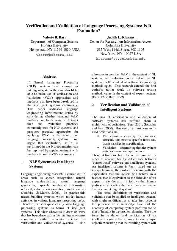 (PDF) Verification and validation of language processing systems