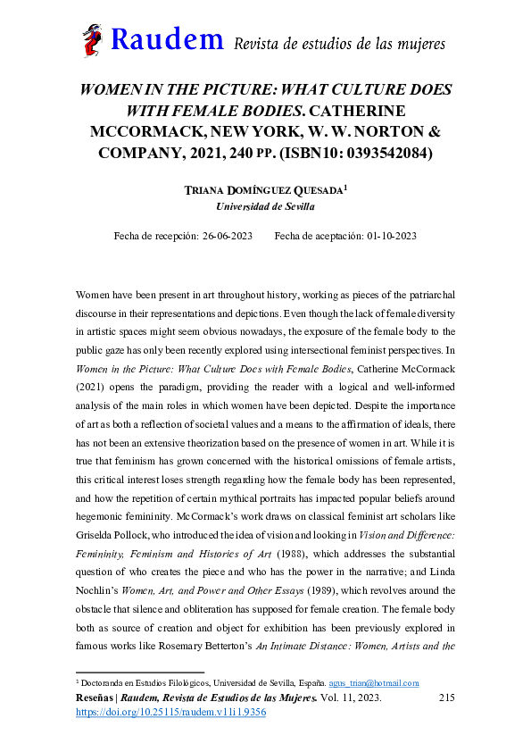 (PDF) WOMEN IN THE PICTURE: WHAT CULTURE DOES WITH FEMALE BODIES. CATHERINE MCCORMACK, NEW YORK ...