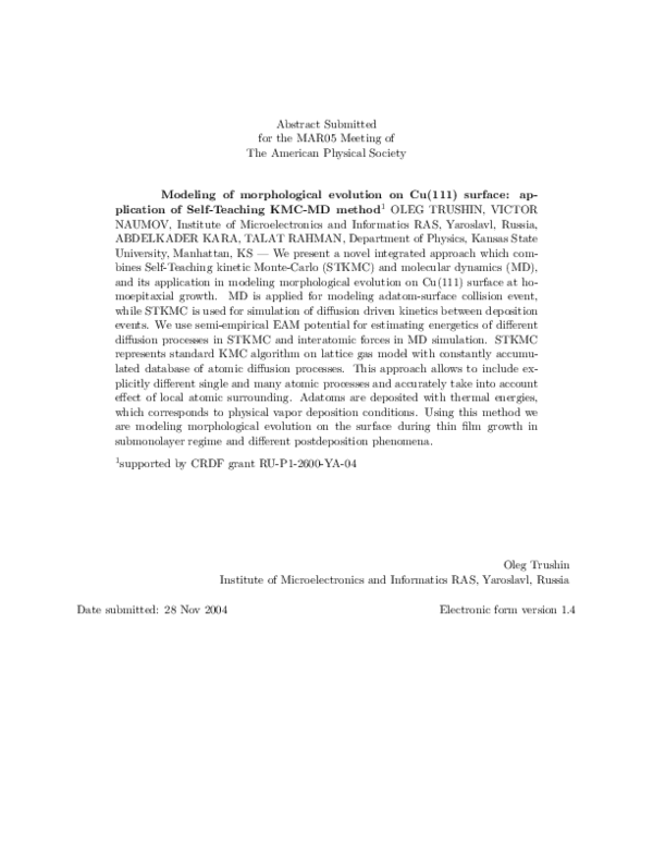 (PDF) Modeling of morphological evolution on Cu(111) surface: application of Self-Teaching KMC ...